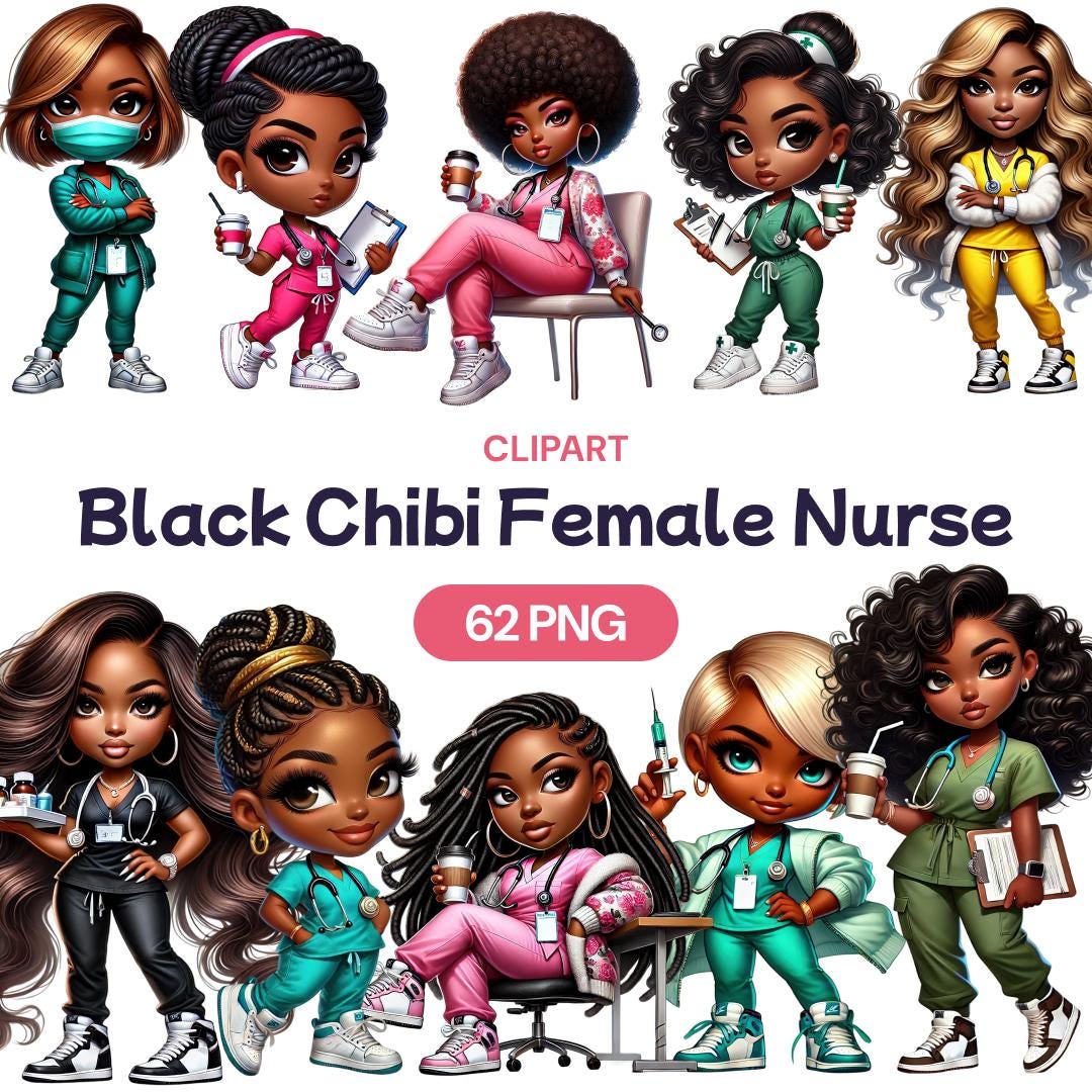 Black Chibi Female Nurse Clipart, Watercolor African American Medical ...