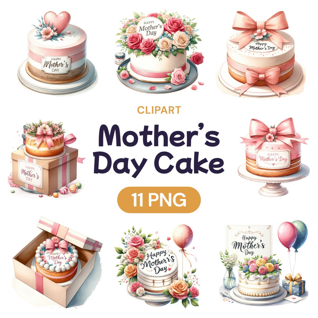Mother's Day Cake Clipart, Cute Dessert Yum Box Watercolor PNG Digital ...