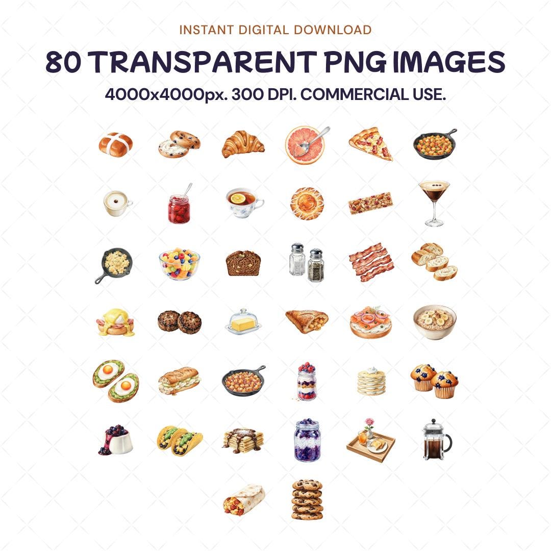 Breakfast Clipart, Watercolor Brunch PNG, Morning Food Bundle, Pancakes ...