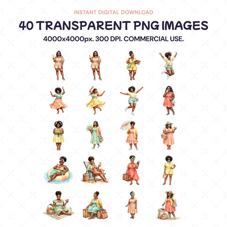 Curvy Black Women Clipart, Plus Size Vacation PNG, Summer Beach Graphic ...