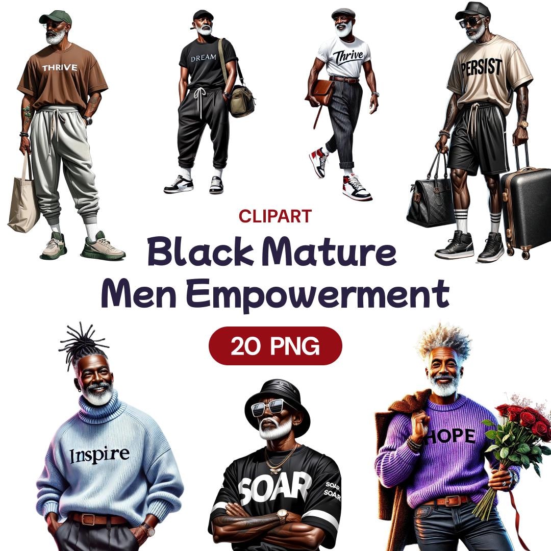 Black Mature Men Empowerment Streetwear Clipart, Watercolor African ...