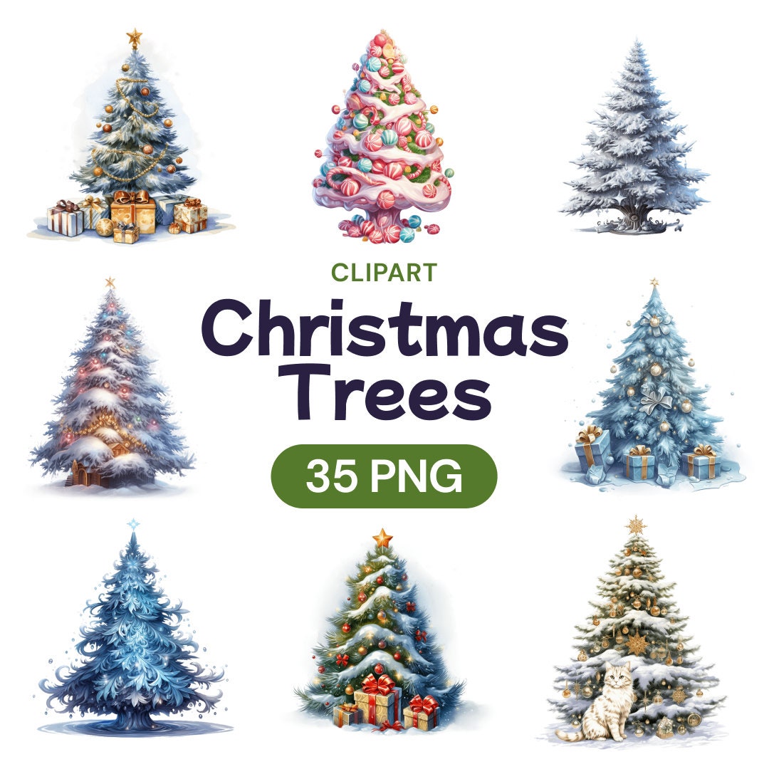 Christmas Trees Clipart, Cute Winter Watercolor PNG Bundle, Kawaii Xmas ...