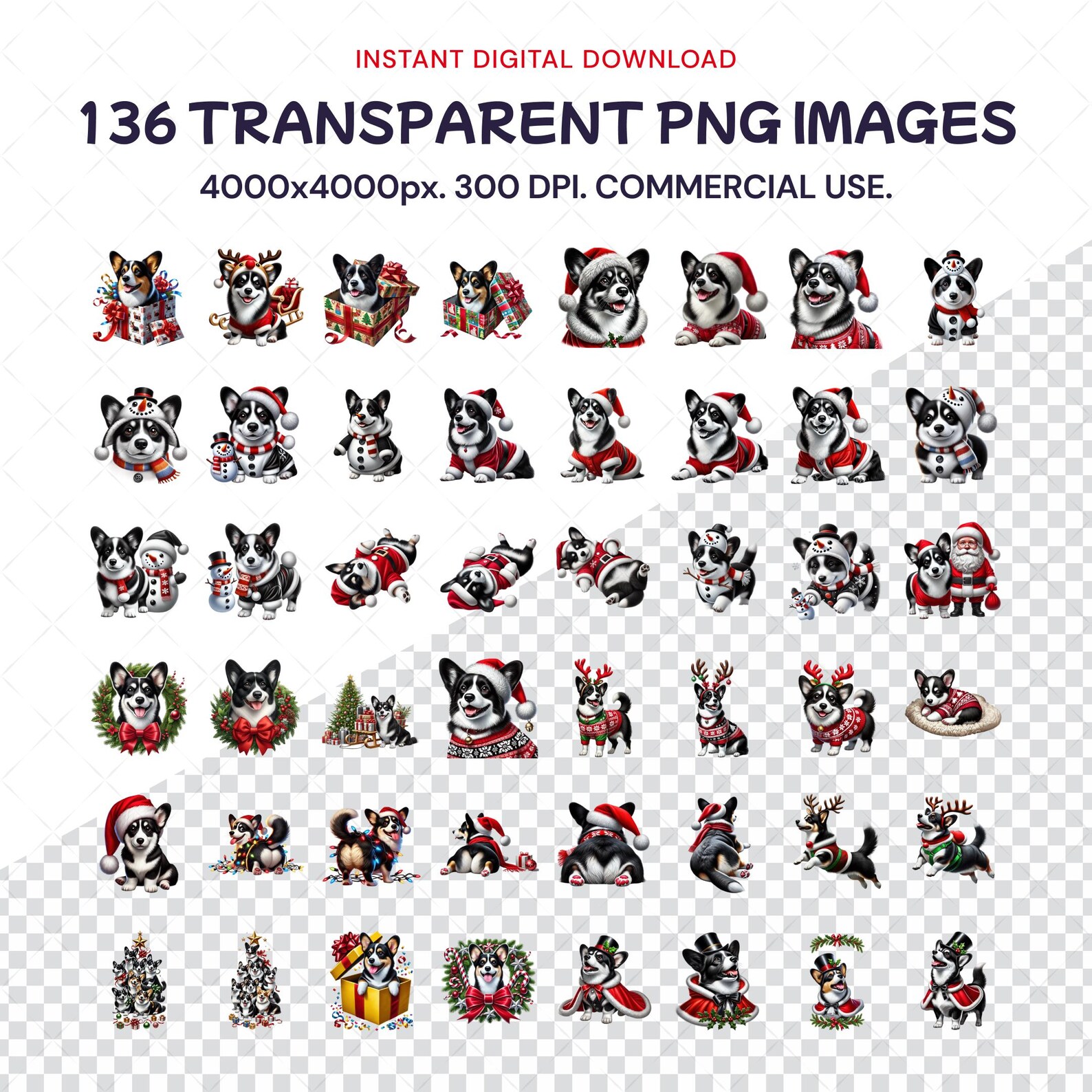 Christmas Black Corgi Clipart, Watercolor Cute Baby Dog PNG, Kawaii Pet ...