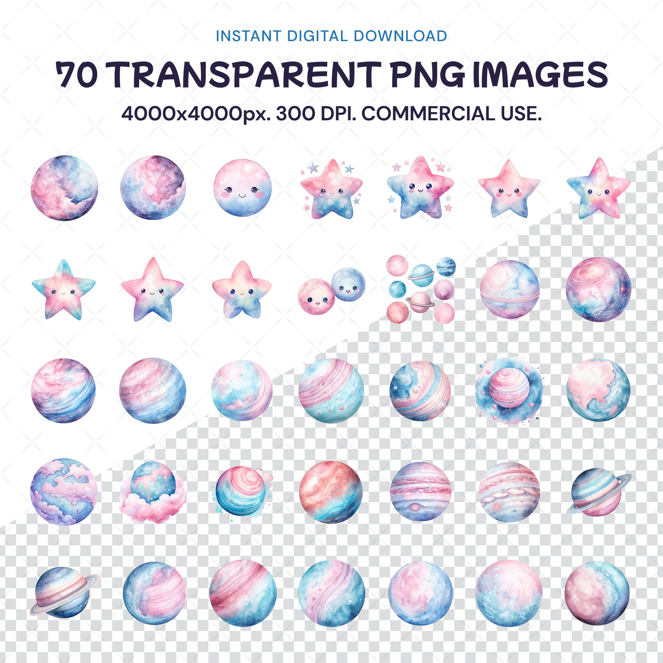 Pastel Outer Space Clipart Cute Watercolor Stars Transparent - Etsy Canada