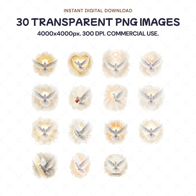 Holy Spirit Clipart, 30 Watercolor PNG, White Dove, Golden Halo ...