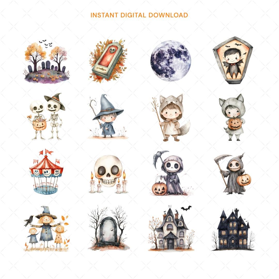 Cute Creeps Halloween Watercolor Clipart, Pumpkin Witch Monster PNG ...