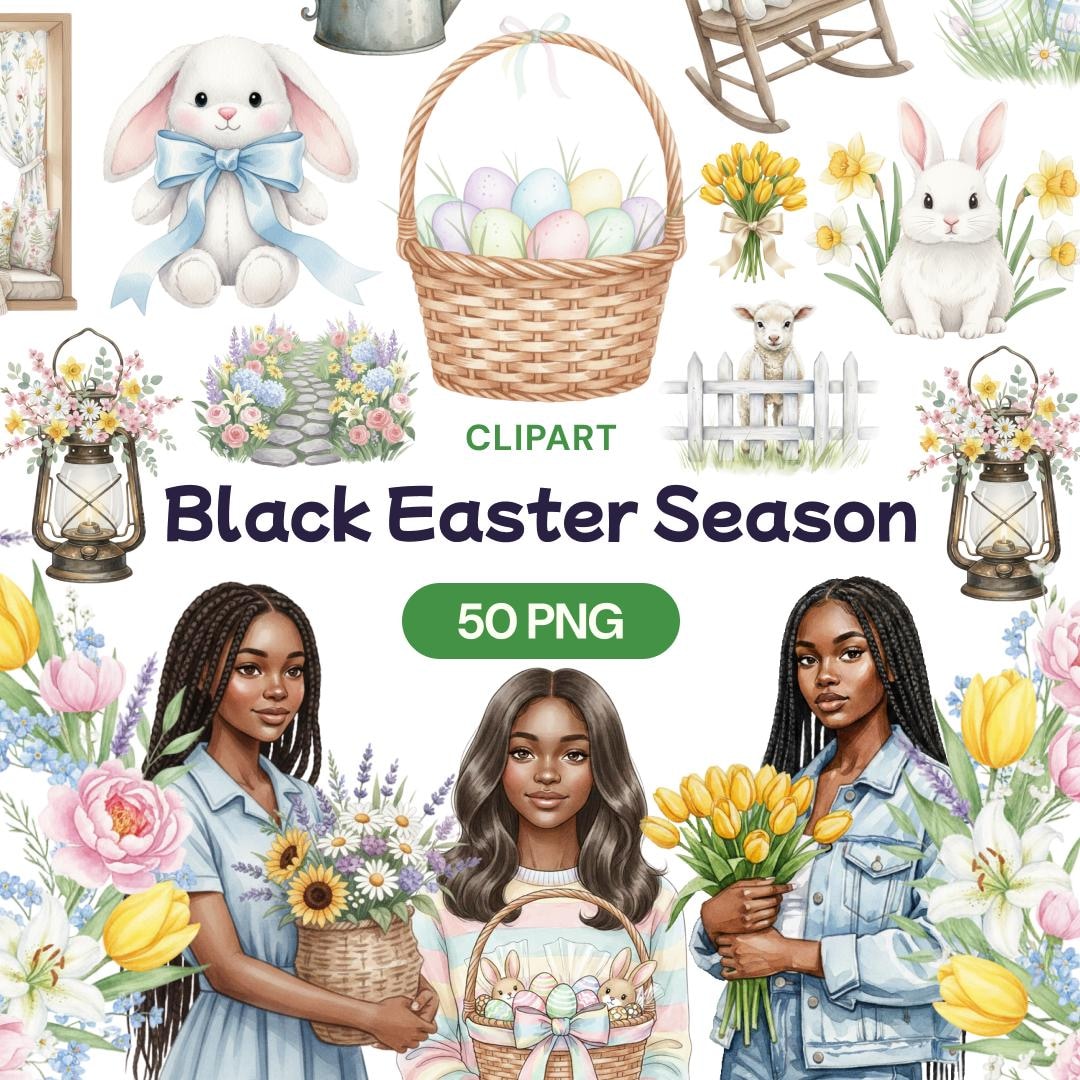 Black Easter Season Clipart, 50 African American Spring PNG, Watercolor ...