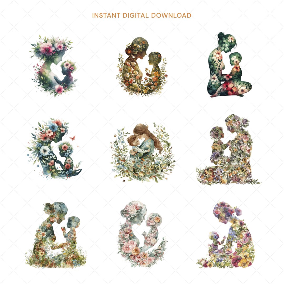 Floral Mom and Child Clipart, Lovely Watercolor Mother's Day PNG, Mom ...