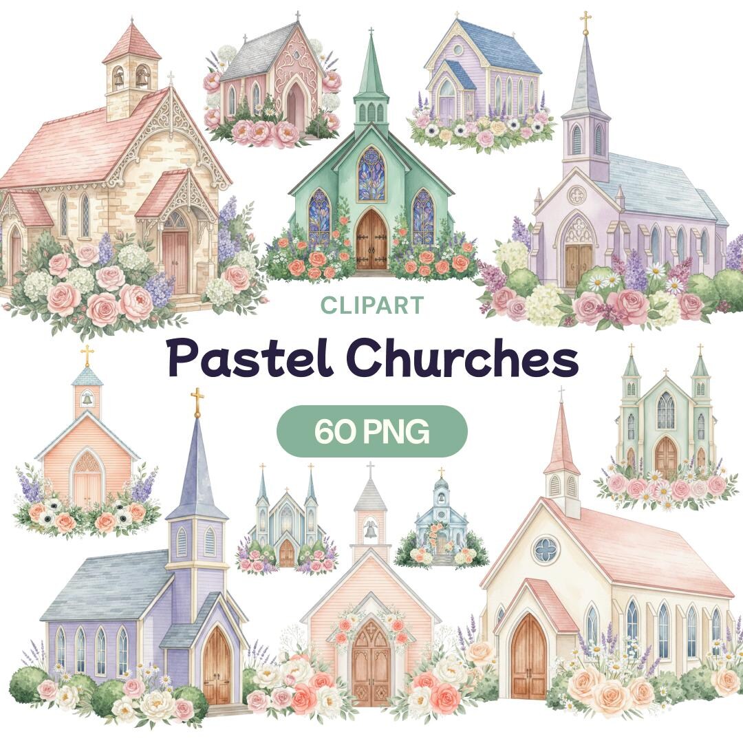Pastel Church Clipart, 60 Watercolor Floral Chapel PNG, Spring ...