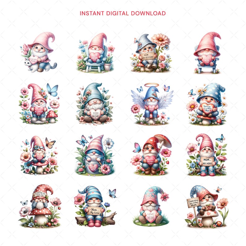 Mother's Day Gnomes Clipart, Cute Watercolor Spring Garden PNG Digital ...
