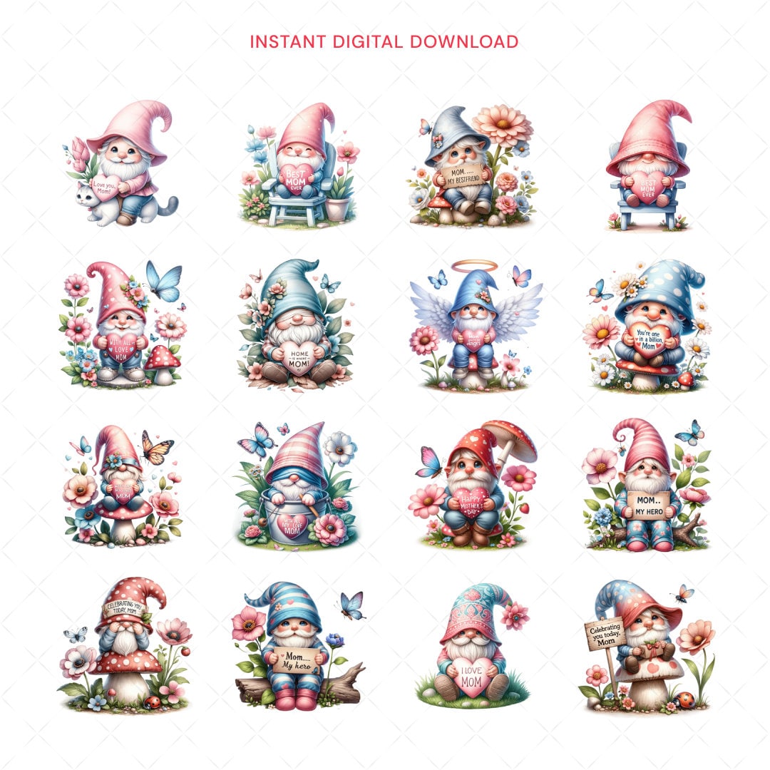 Mother's Day Gnomes Clipart, Cute Watercolor Spring Garden PNG Digital ...