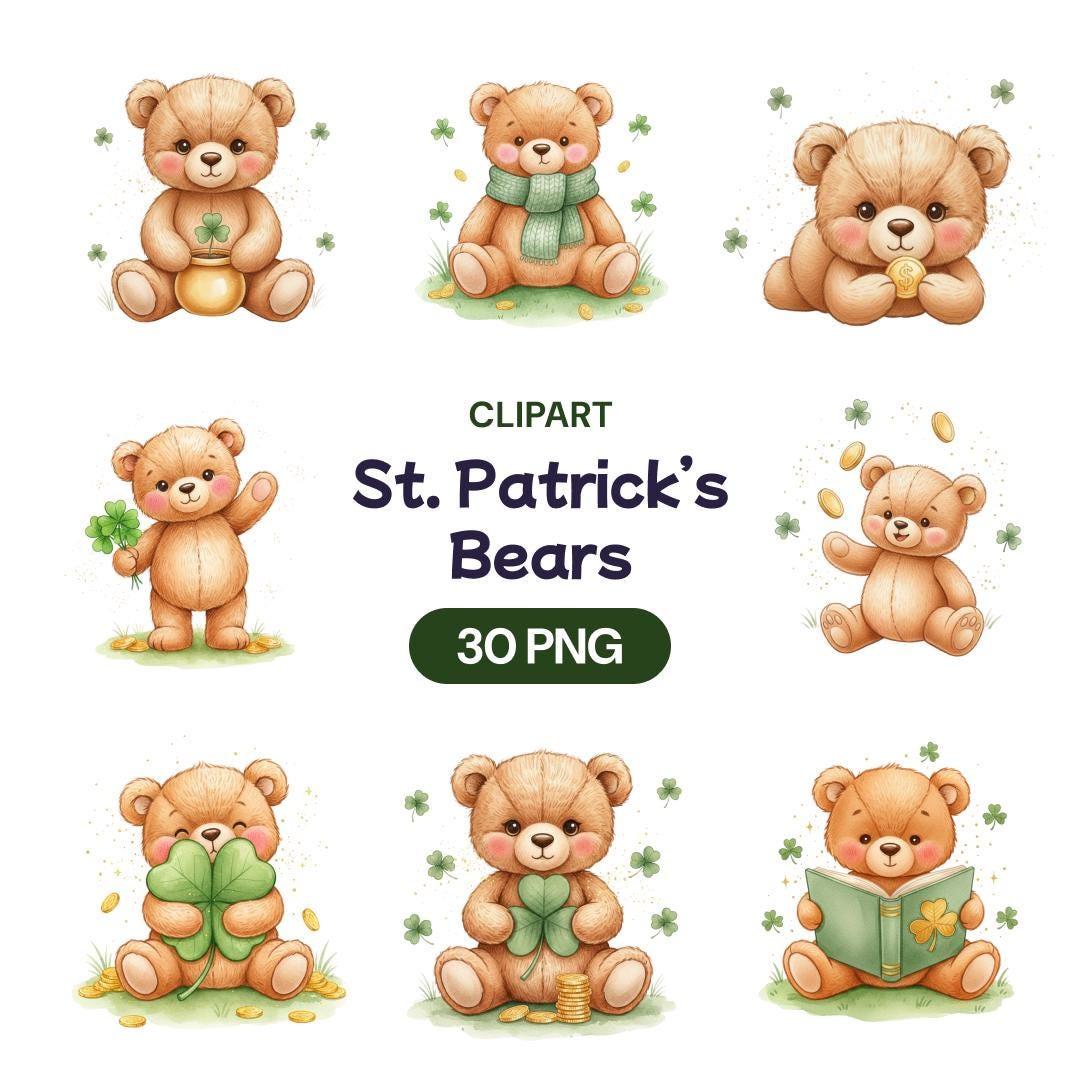 St Patricks Day Teddy Bear Clipart, Cute Irish Animal PNG, Shamrock ...