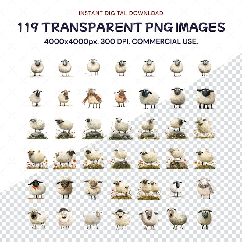 Funny Sheep Clipart, Cute Watercolor Quirky Farm Animal, PNG Digital ...