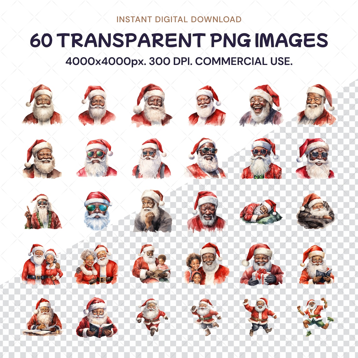 Black Santa Claus Clipart, Cute Watercolor African American Father ...