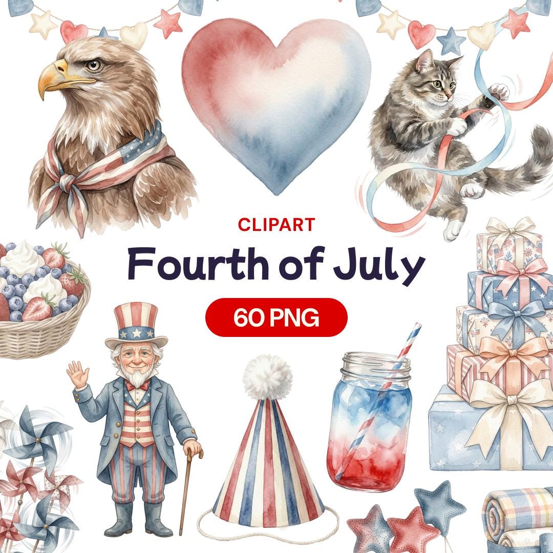 Fourth of July Clipart, Watercolor Independence Day PNG, Patriotic ...
