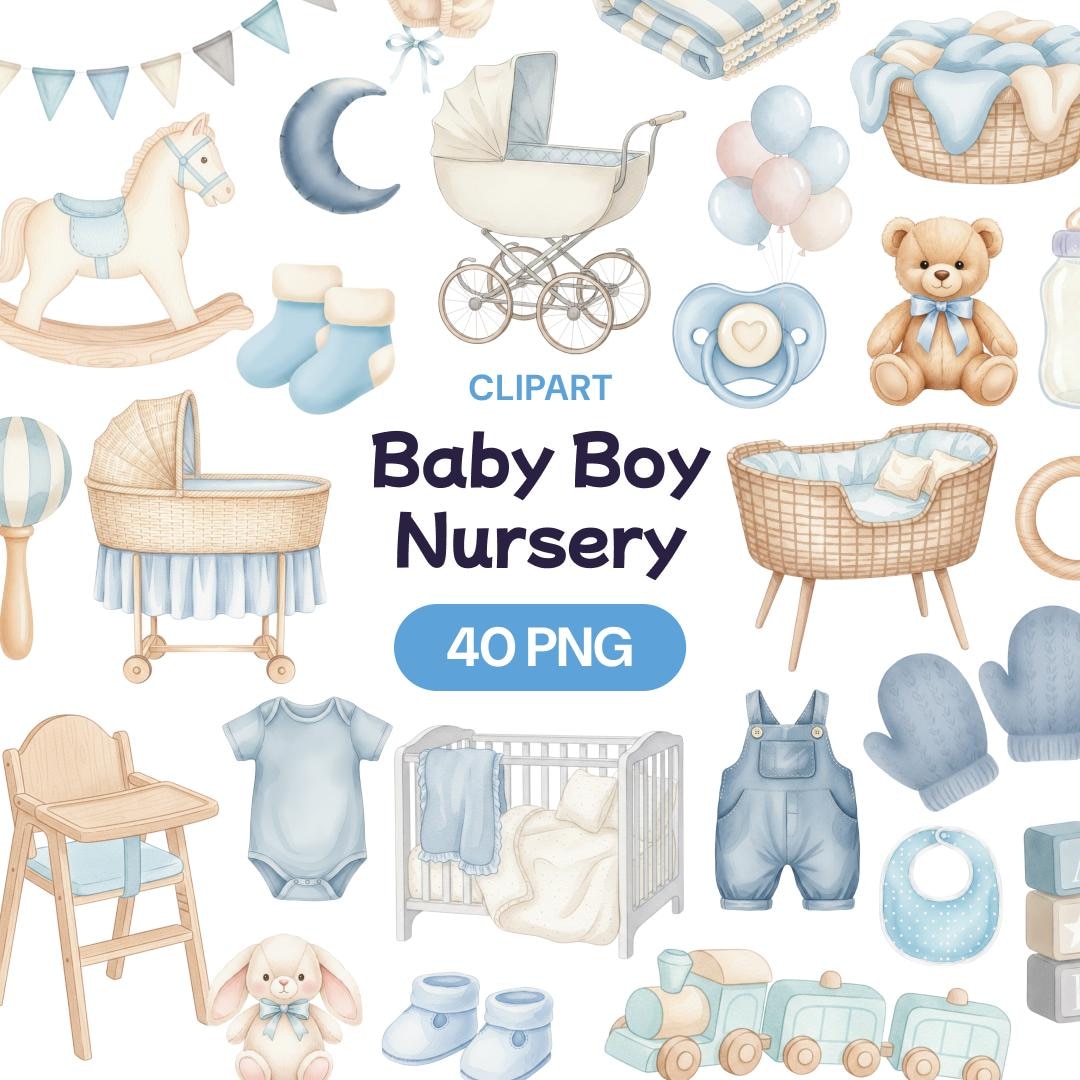 Watercolor Baby Boy Nursery Clipart, Blue Nursery Decor PNG (digital ...