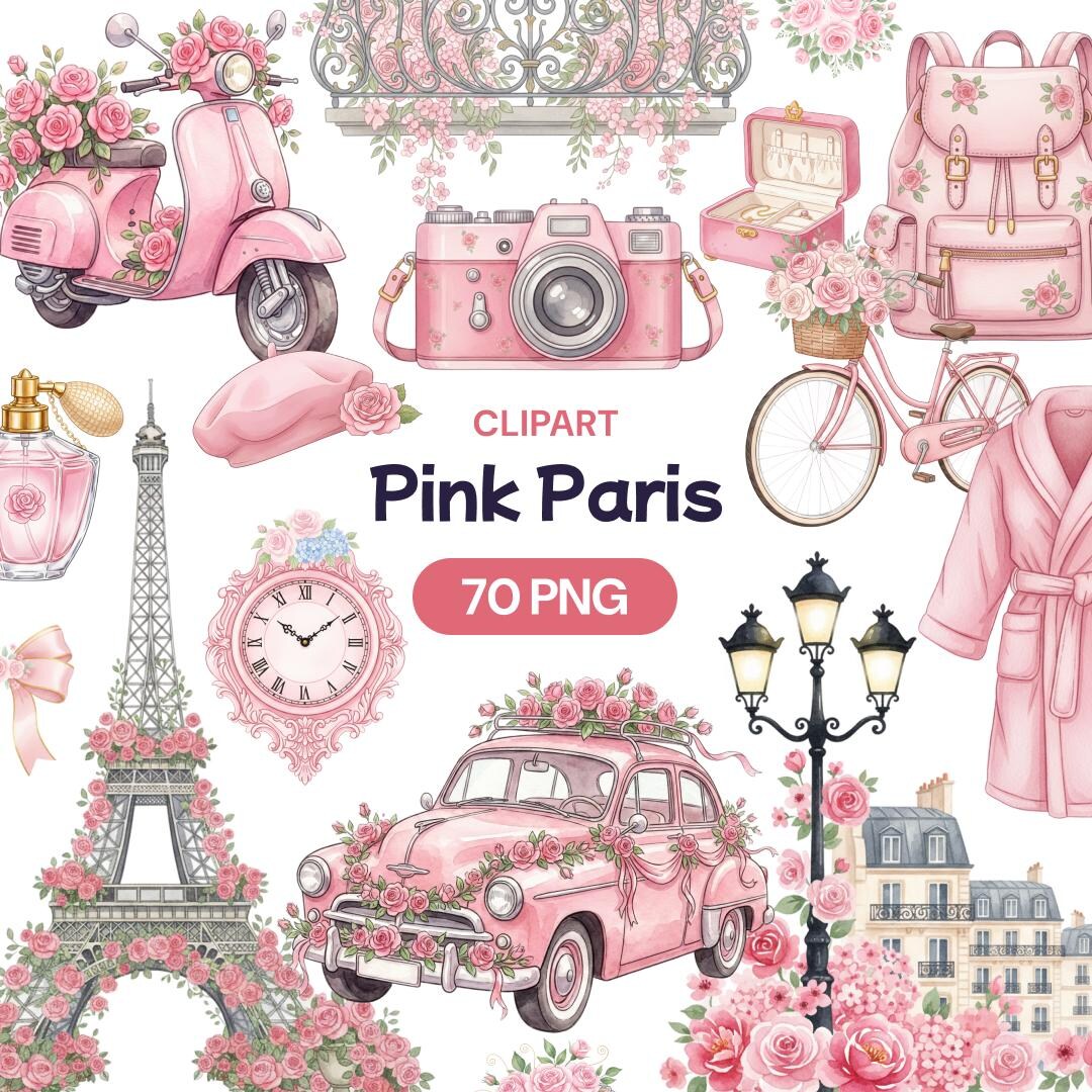 Pink Paris Clipart, Watercolor Eiffel Tower PNG, French Travel Art ...