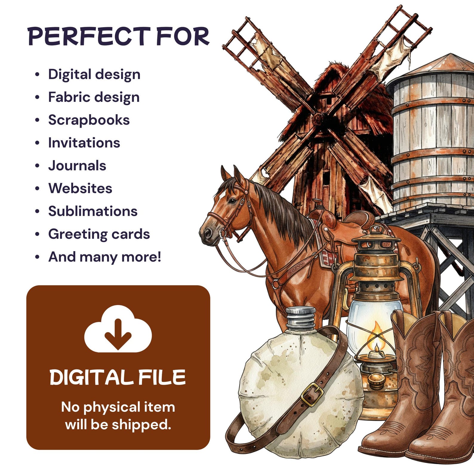 Watercolor Western Clipart, Cowboy Ranch PNG, Wild West Rodeo Bundle ...