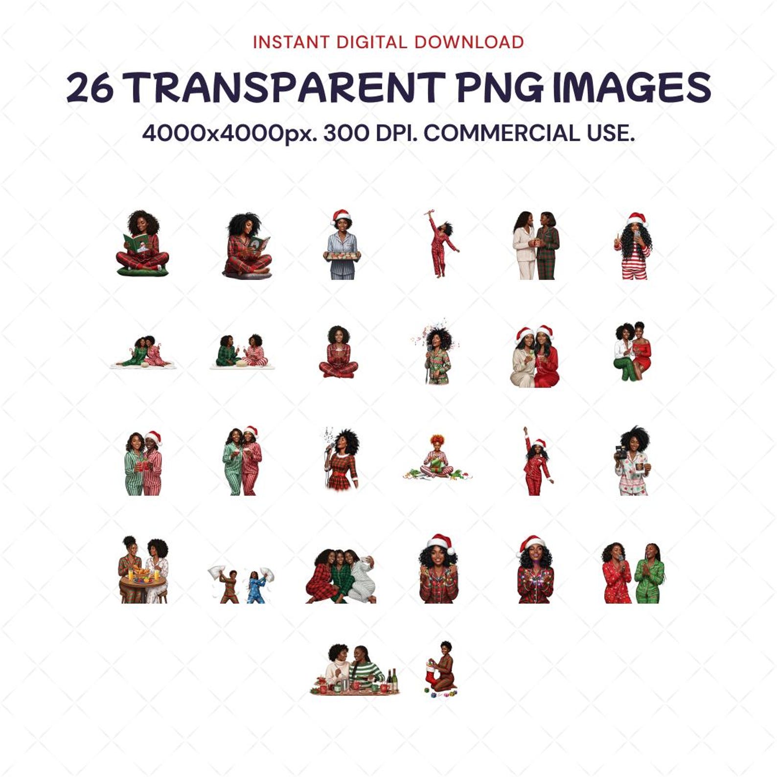 Black Girl Christmas Pajama Clipart, African American Cozy Xmas Group ...
