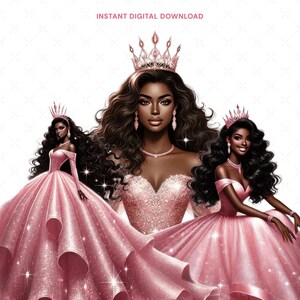 Black Pink Princess Clipart, Watercolor African American Girl With ...