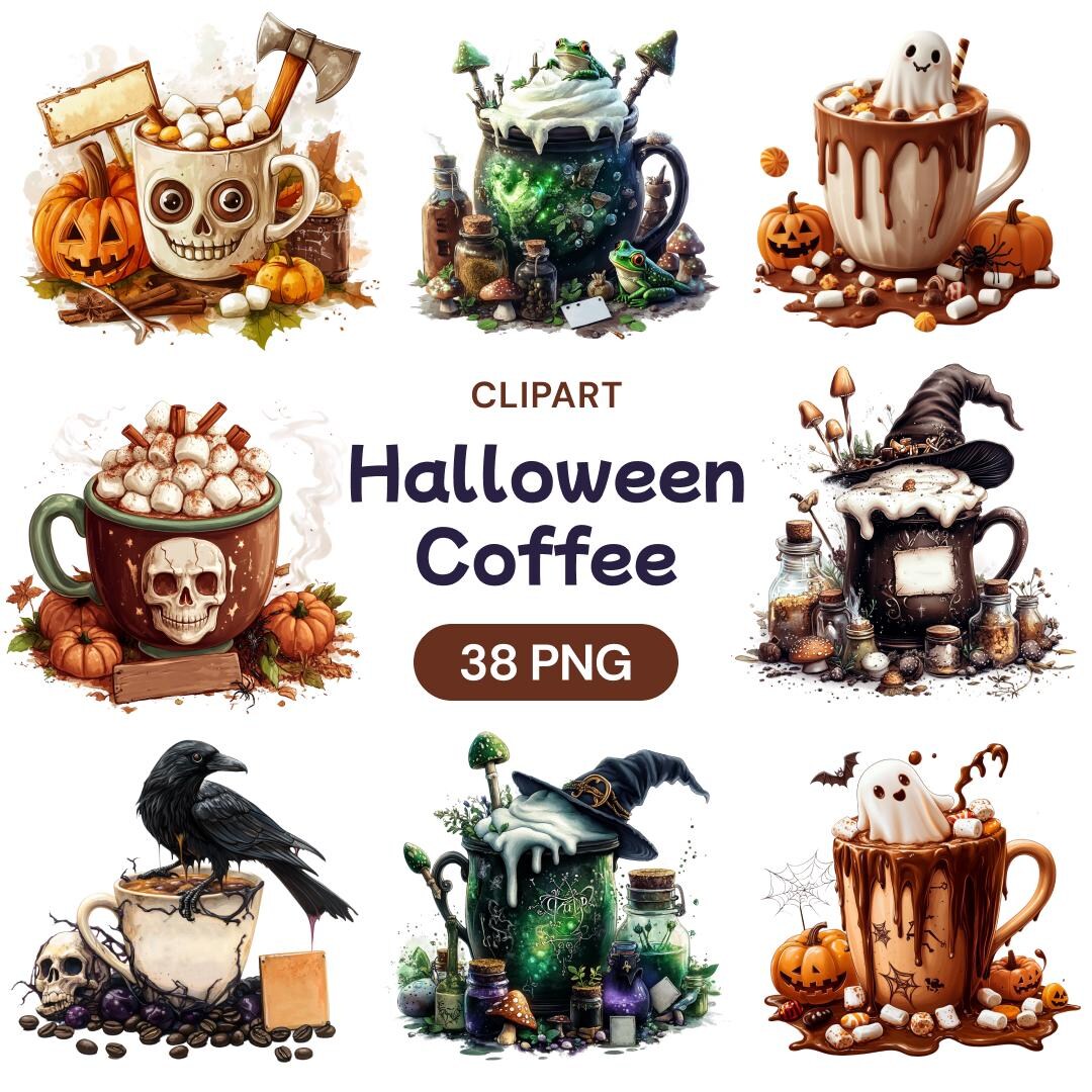 Halloween Coffee Clipart, Cute Watercolor Hot Choco Drink PNG, Scary ...