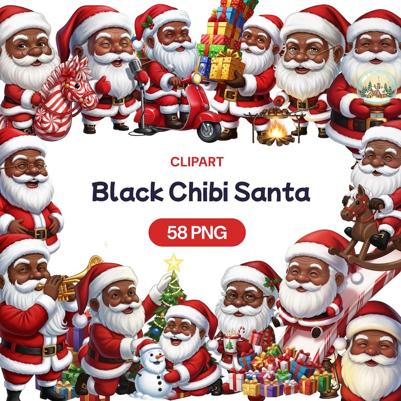 Black Chibi Santa Claus Clipart, Cute African American Father Christmas ...