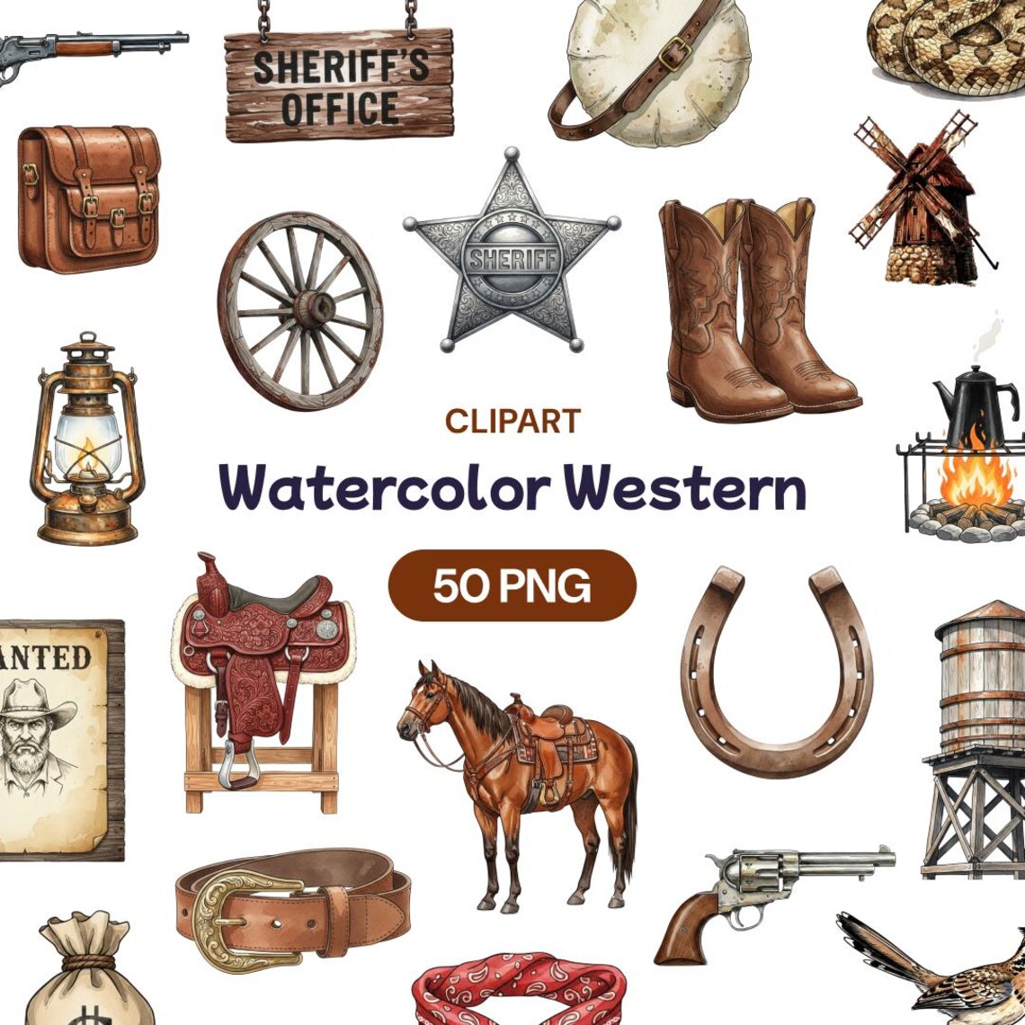 Watercolor Western Clipart, Cowboy Ranch PNG, Wild West Rodeo Bundle ...