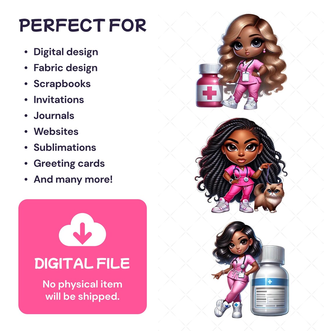 Black Chibi Women Pink Nurse Clipart, Watercolor African American ...