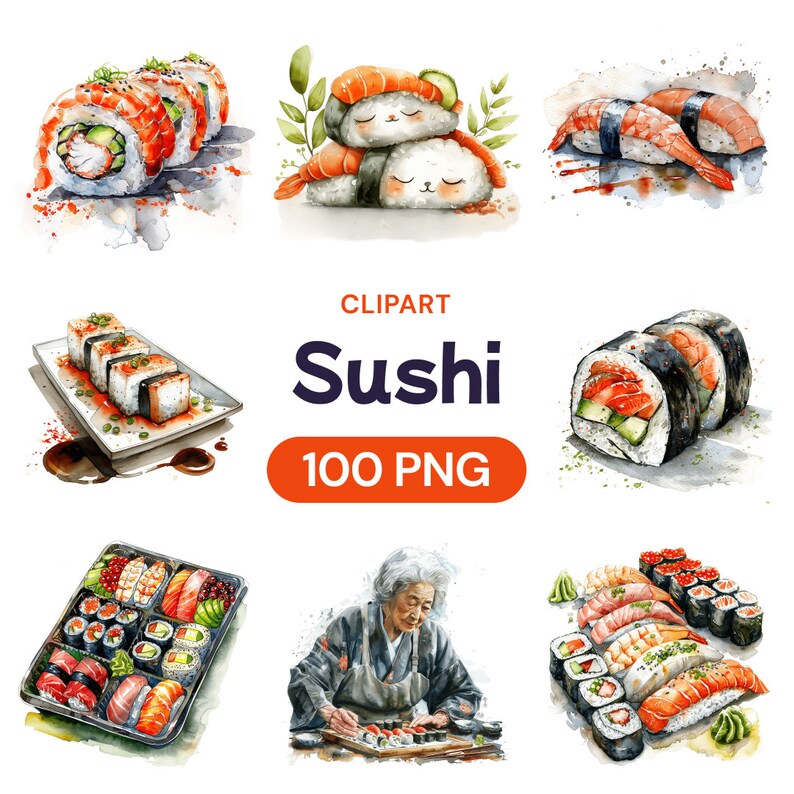 Cute Watercolor Sushi Clipart, Kawaii Japanese Asian Cuisine ...