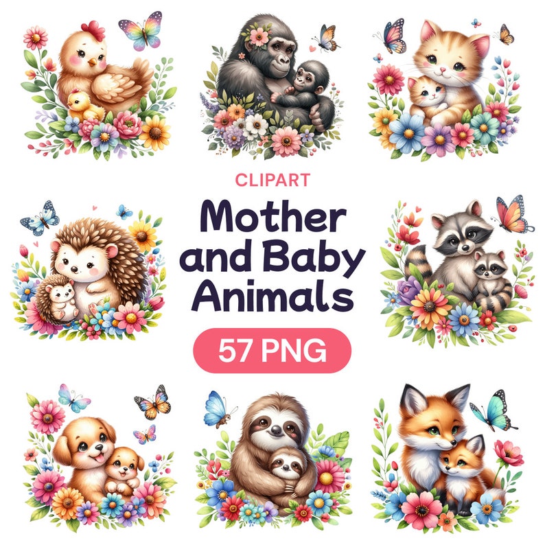 Mother and Baby Animals Clipart, Cute Watercolor Mother's Day PNG ...