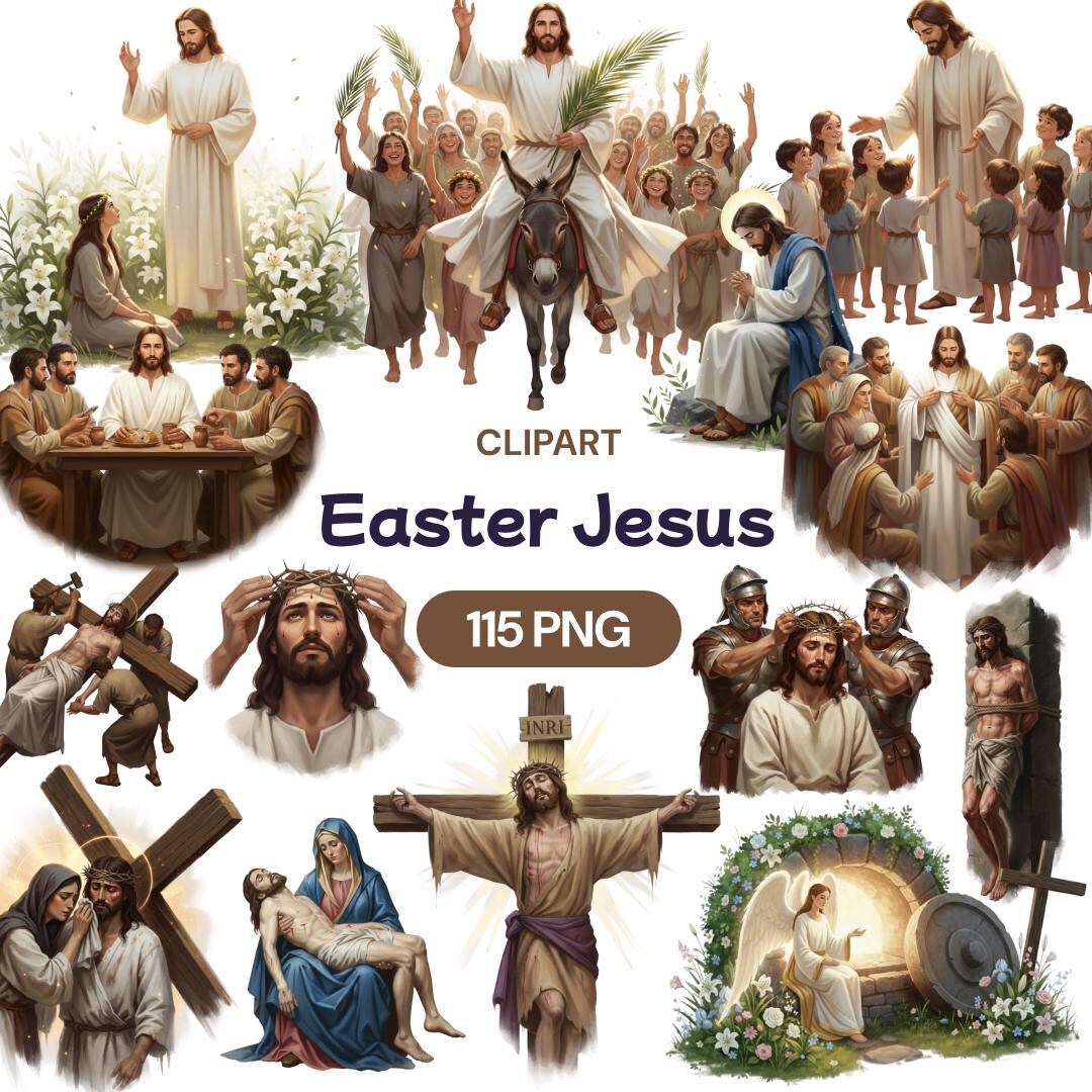 Easter Jesus Clipart, 115 Holy Week PNG, Watercolor Bible Story, Palm ...