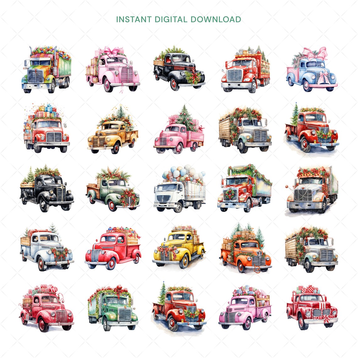 Christmas Truck Clipart, Watercolor Cute Vintage Delivery Pickup PNG ...