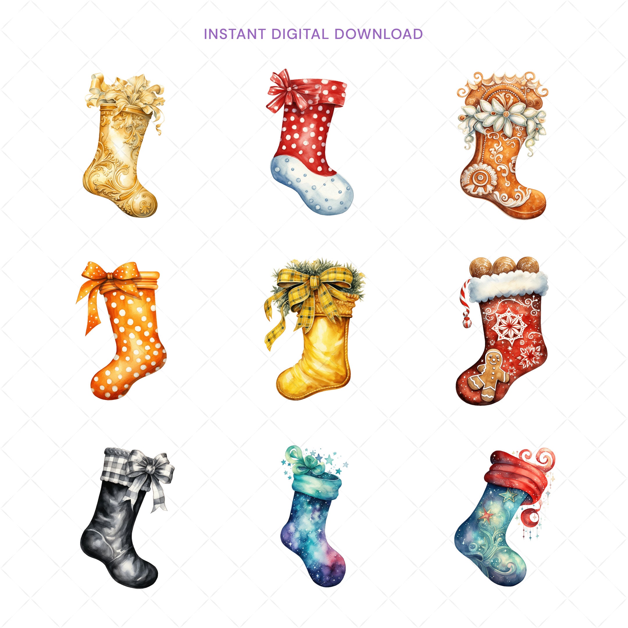 Christmas Stocking Clipart, Cute Watercolor Xmas Socks PNG Bundle ...