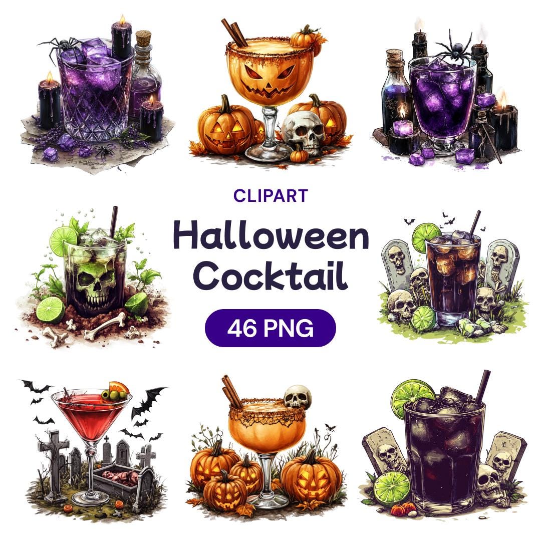 Watercolor Halloween Cocktail Clipart, Creepy Martini Drink Bar PNG ...