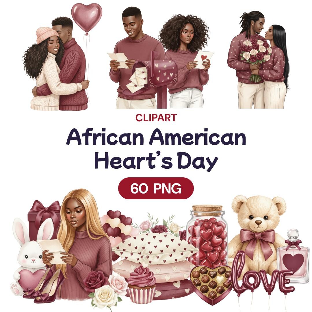 African American Valentine Clipart, Afro Heart's Day PNG Bundle, Cozy ...