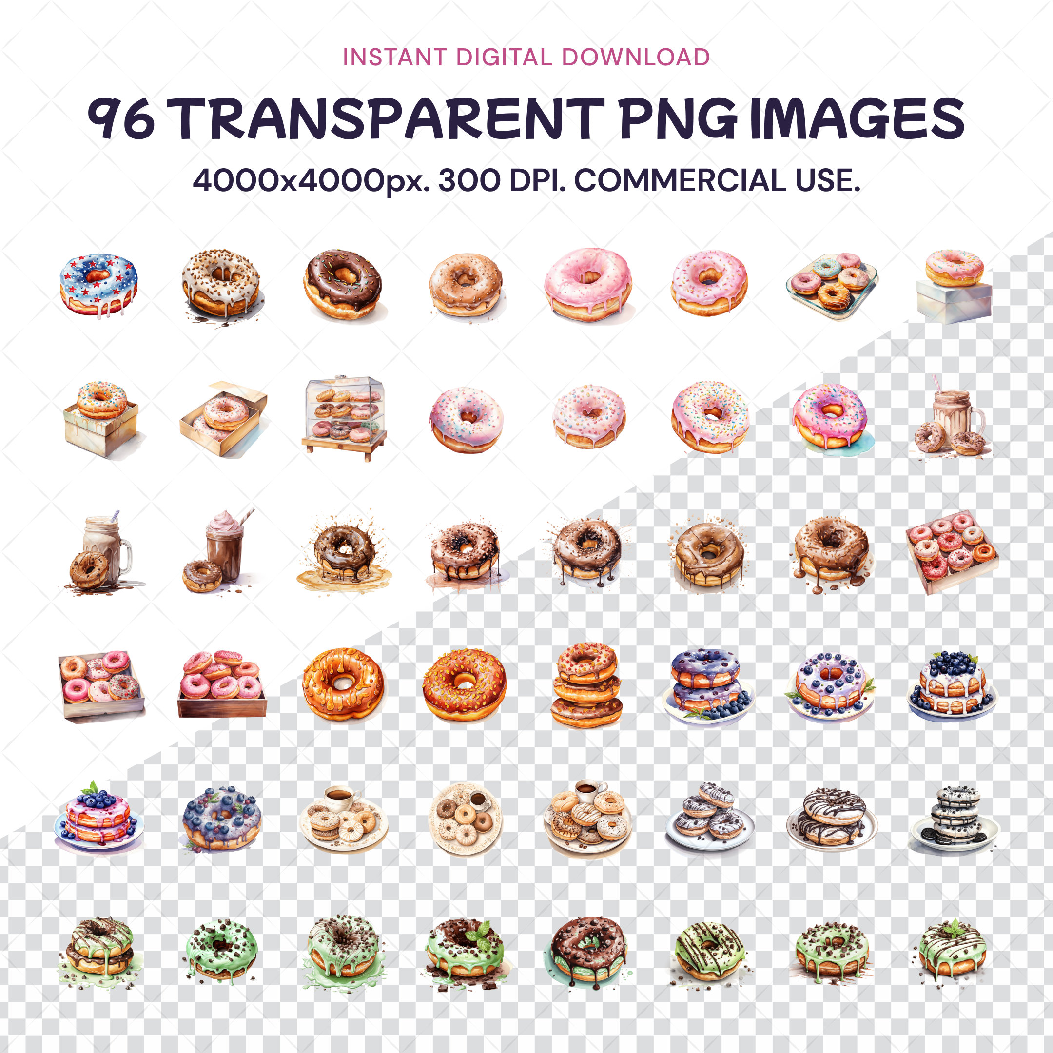 Watercolor Donut Clipart, Glazed Doughnut Transparent PNG Bundle, Sweet ...