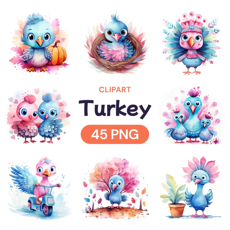 Watercolor Turkey Clipart, Cute Thanksgiving Autumn Feather PNG Bundle ...