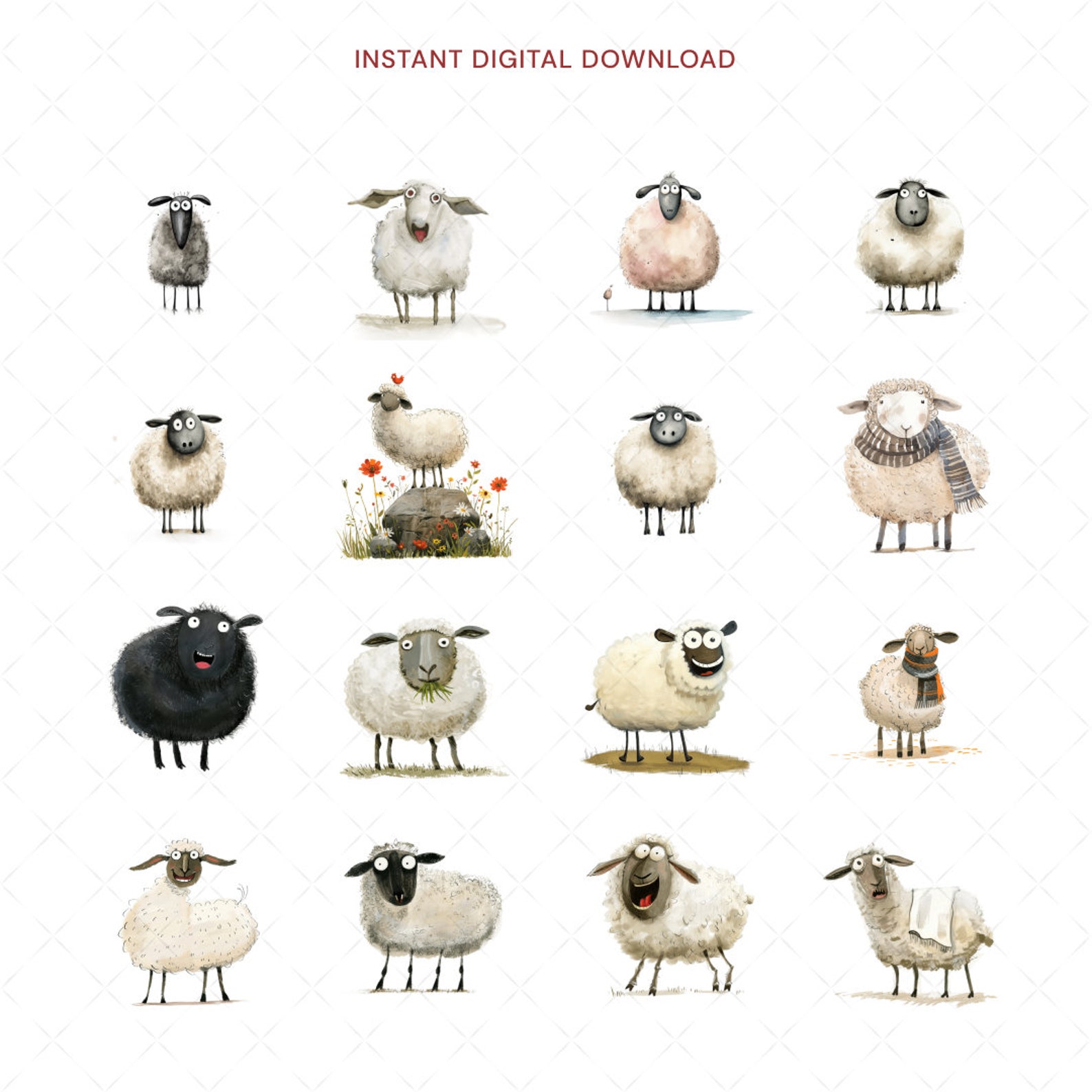 Funny Sheep Clipart, Cute Watercolor Quirky Farm Animal, PNG Digital ...