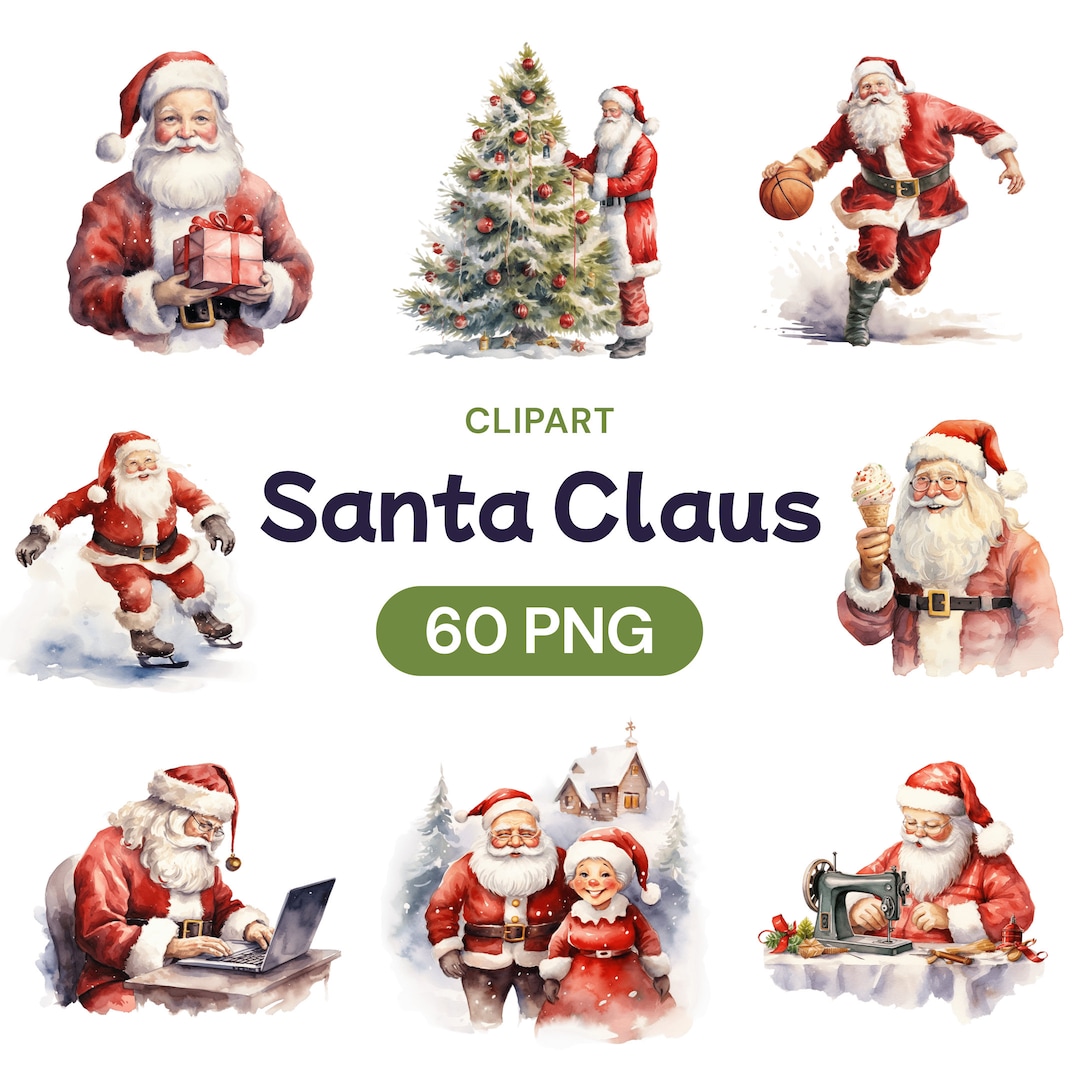 Watercolor Santa Claus Clipart, Cute Christmas Smiling Father and Mrs ...