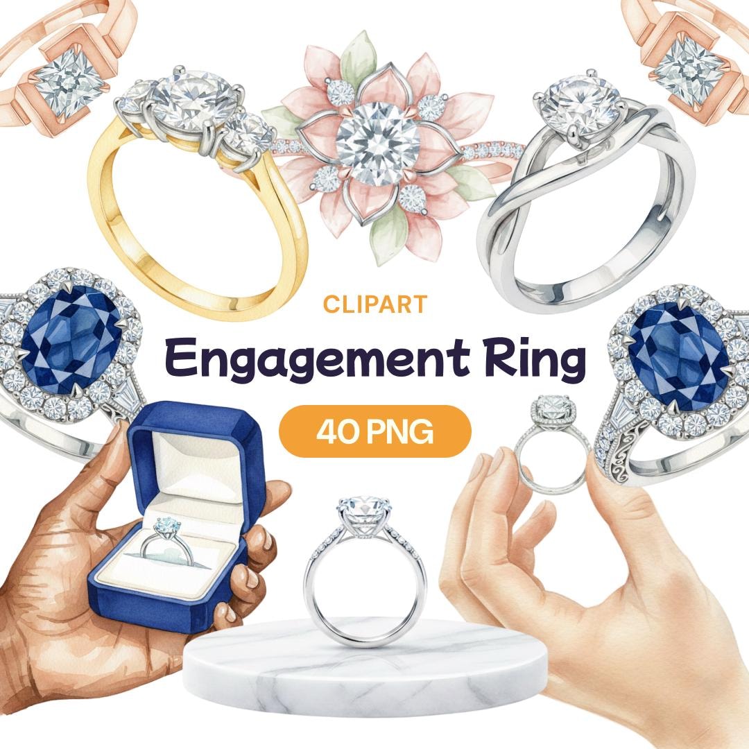 Engagement Ring Clipart, 40 Watercolor Diamond PNG, Wedding Band, Gold ...