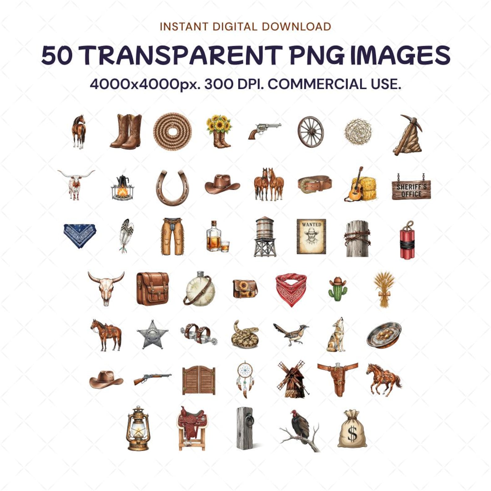Watercolor Western Clipart, Cowboy Ranch PNG, Wild West Rodeo Bundle ...