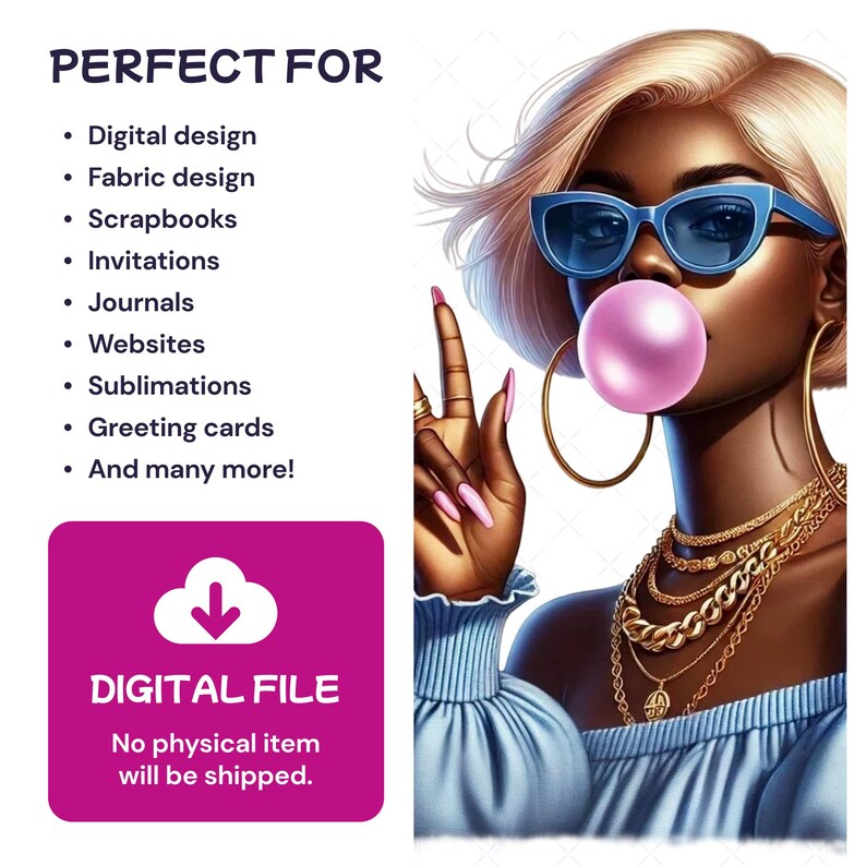 Cool Black Girl Blowing Gum Clipart Watercolor African American Fashion Peace Sign Women Png