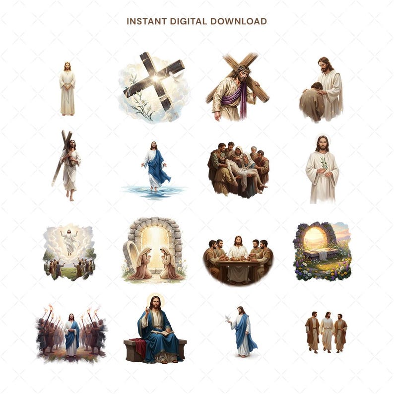 Easter Jesus Clipart, 115 Holy Week PNG, Watercolor Bible Story, Palm ...