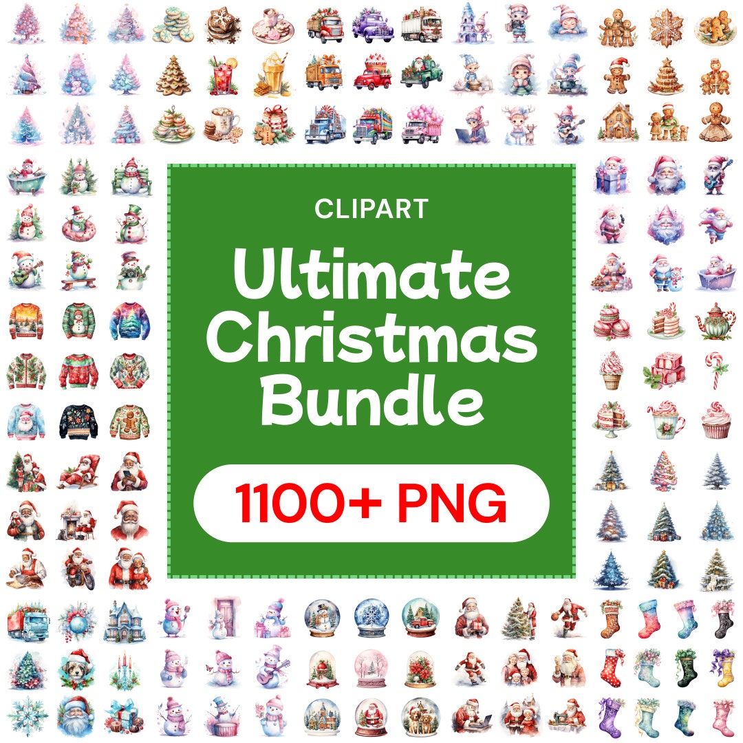 Ultimate Christmas Clipart Bundle, Watercolor Xmas Big Pine Tree, Santa ...