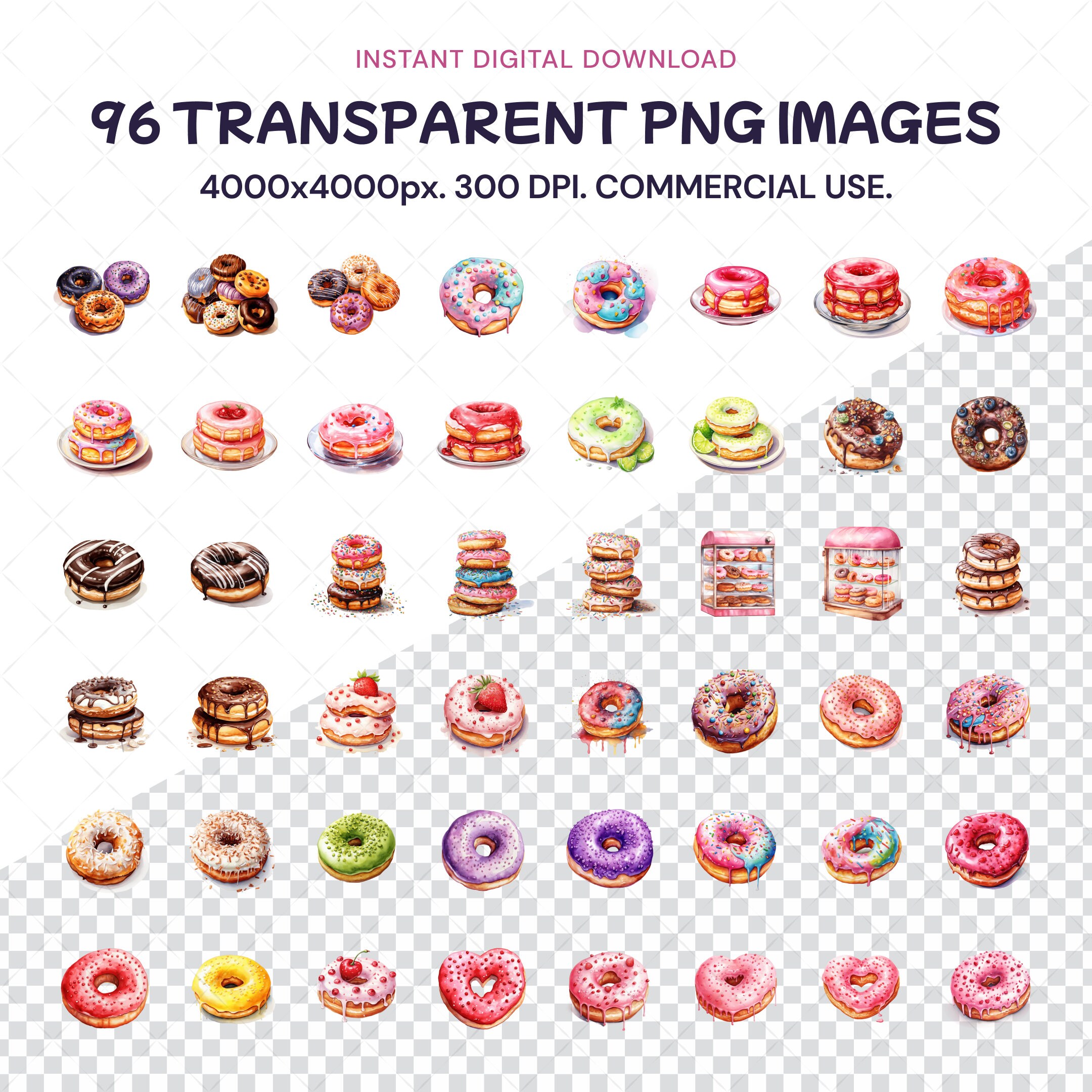 Watercolor Donut Clipart, Glazed Doughnut Transparent PNG Bundle, Sweet ...