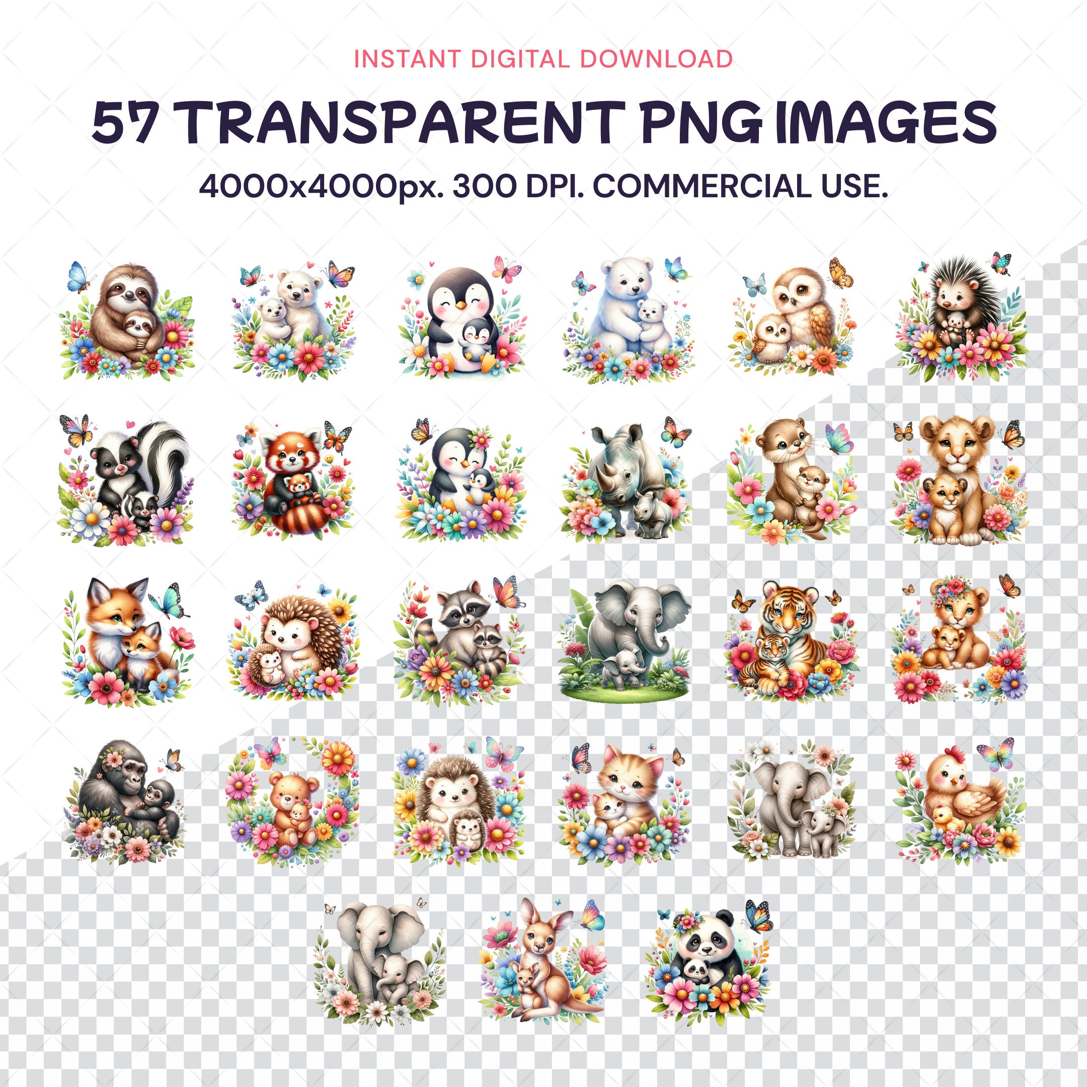 Mother and Baby Animals Clipart, Cute Watercolor Mother's Day PNG ...