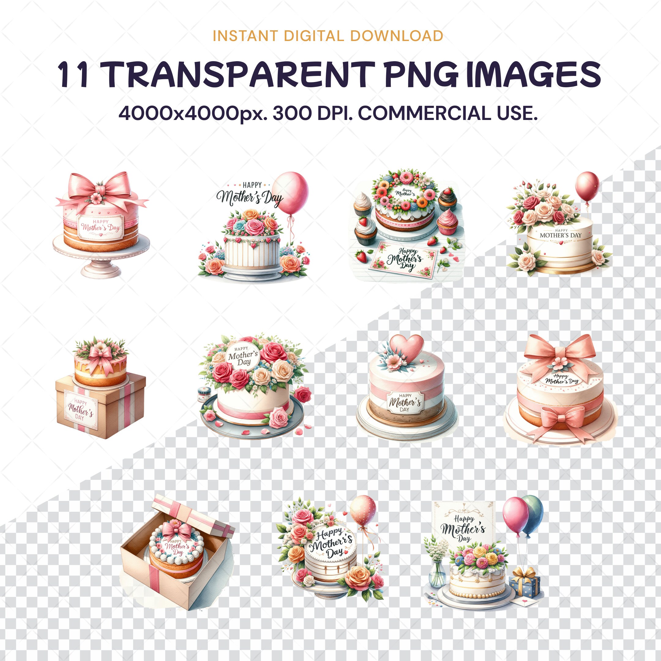 Mother's Day Cake Clipart, Cute Dessert Yum Box Watercolor PNG Digital ...