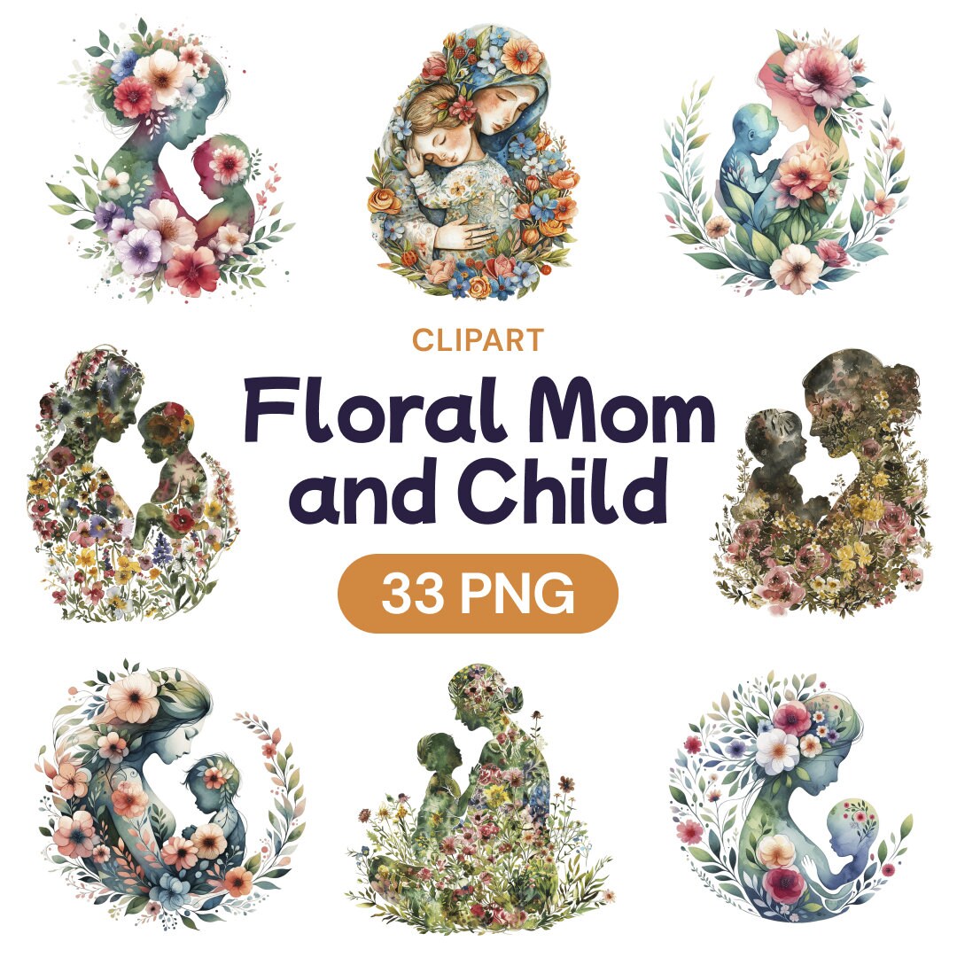 Floral Mom and Child Clipart, Lovely Watercolor Mother's Day PNG, Mom ...