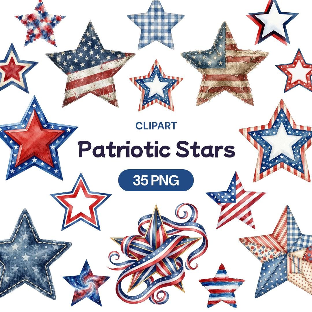 Patriotic Stars Clipart, Watercolor American Flag PNG, 4th of July ...