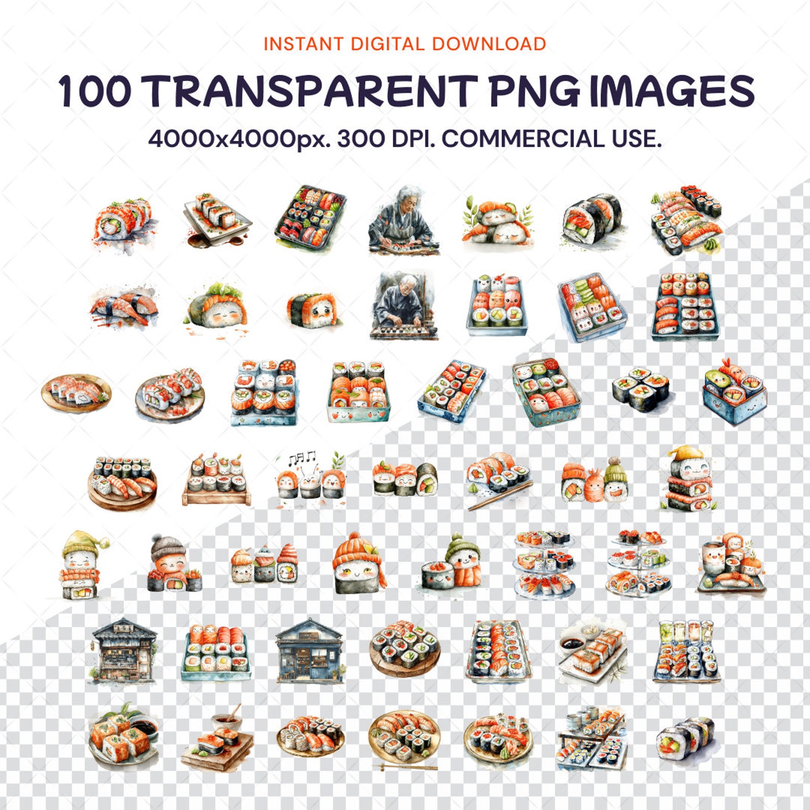 Cute Watercolor Sushi Clipart, Kawaii Japanese Asian Cuisine ...